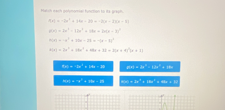 Solved: Match each polynomial function to its graph. f(x)=-2x^2+14x-20=-2(x-2)(x-5) g(x)=2x^3 ...