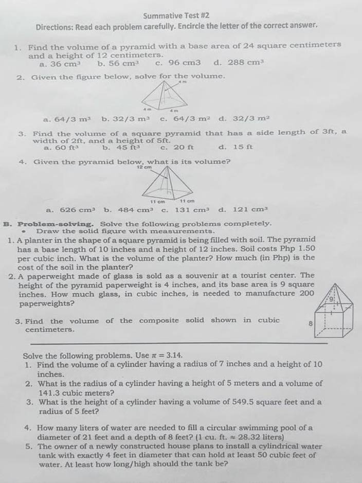 Solved: Summative Test #2 Directions: Read each problem carefully ...