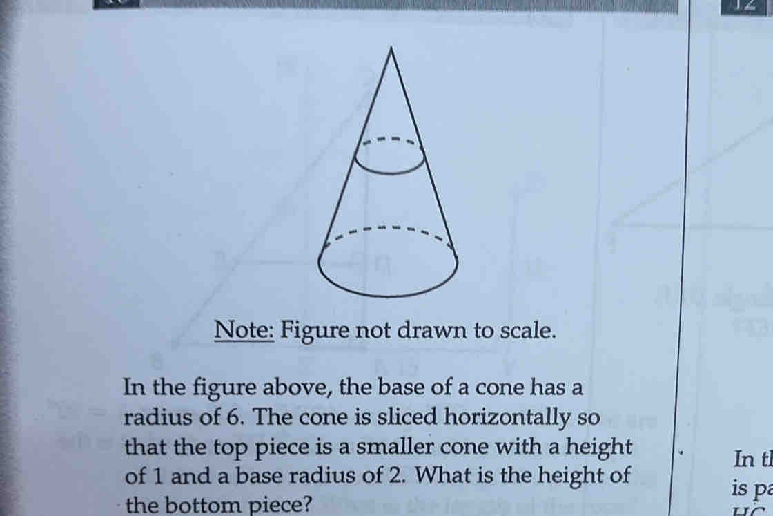 Solved: Note: Figure not drawn to scale. In the figure above, the base of a cone has a radius of ...