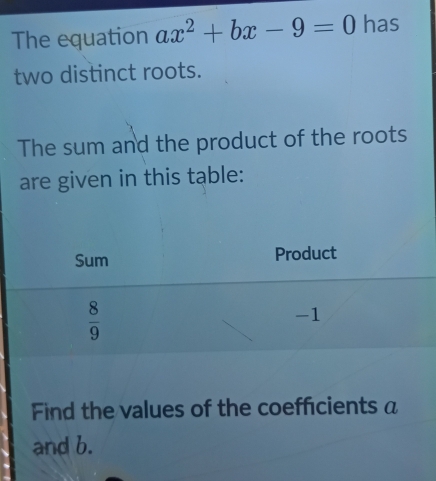 Solved: The equation ax^2+bx-9=0 has two distinct roots. The sum and ...