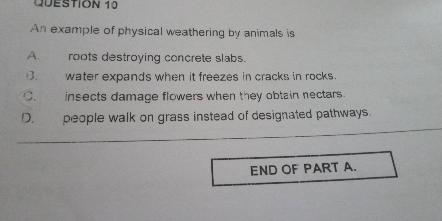 Solved: An example of physical weathering by animals is A. roots ...