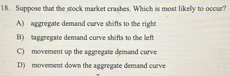 Solved: Suppose that the stock market crashes. Which is most likely to ...