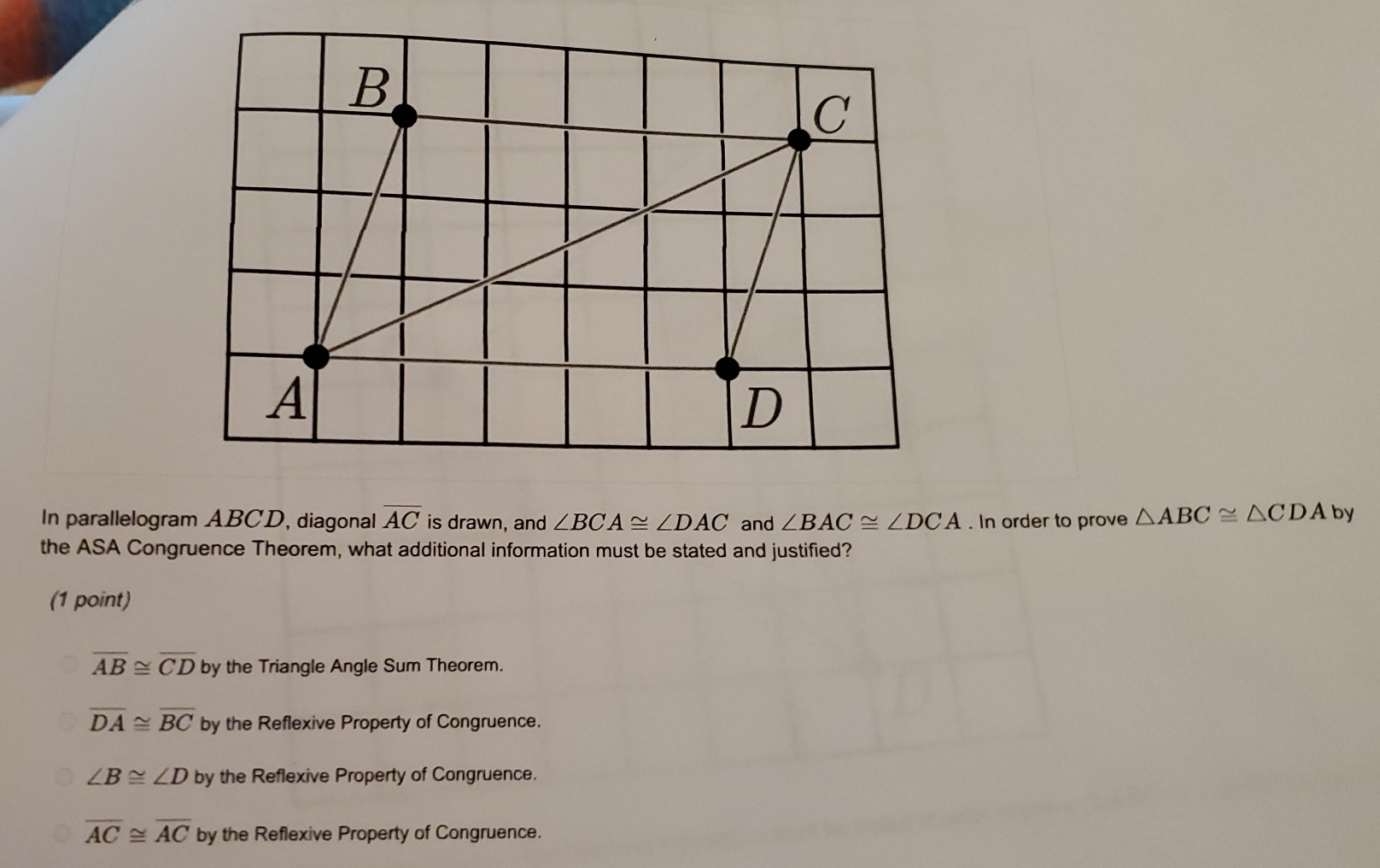Solved: In parallelogram ABCD, diagonal overline AC is drawn, and ∠ BCA≌ ∠ DAC and ∠ BAC≌ ∠ DCA ...