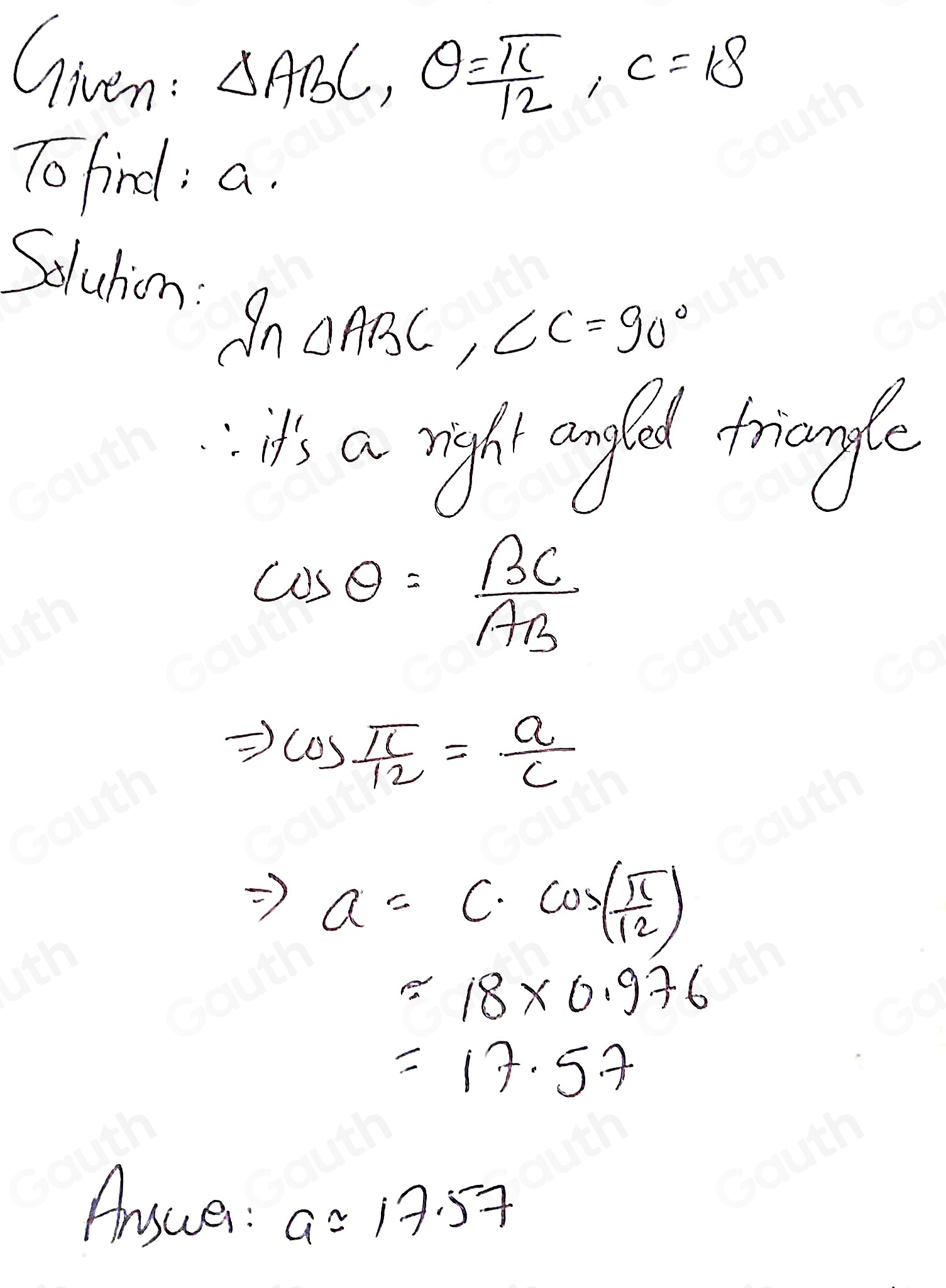 Solved: Consider the triangle ABC shown below. If θ = π /12 and c=18 ...