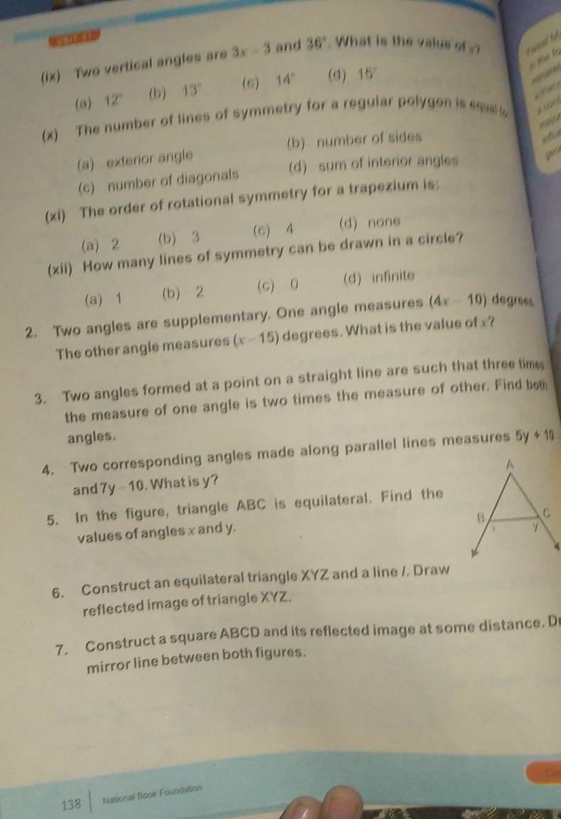 Solved: CUNT (ix) Two vertical angles are 3x-3 and 36°. What is the ...