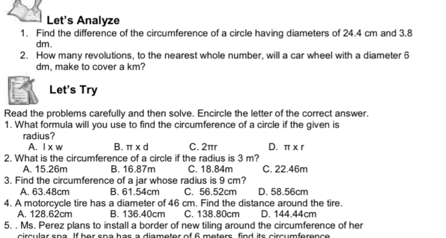 Solved: Let's Analyze 1. Find the difference of the circumference of a ...