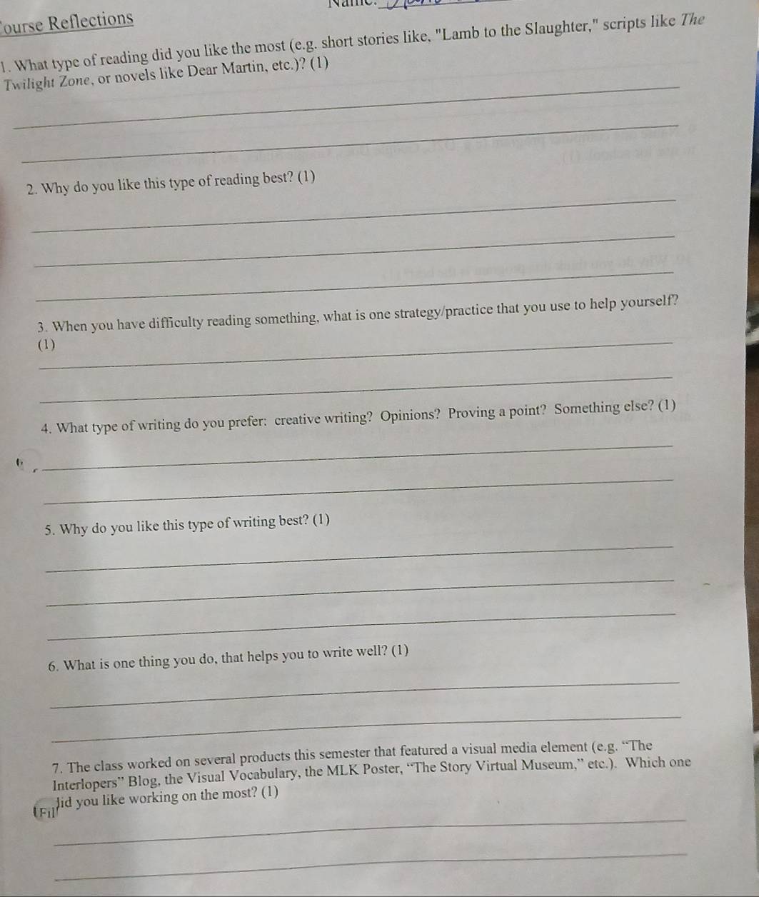 Solved: ourse Reflections 1. What type of reading did you like the most ...