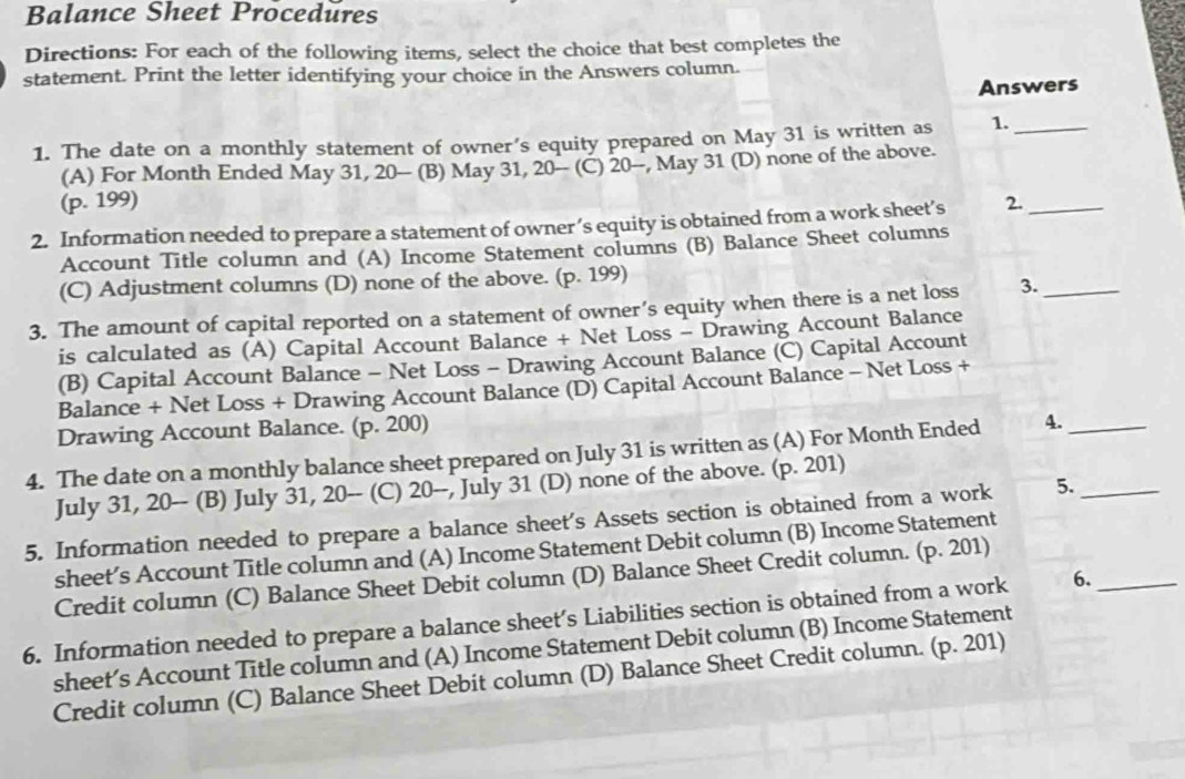 Solved: Balance Sheet Procedures Directions: For each of the following items, select the choice ...