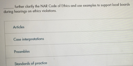 Solved: further clarify the NAR Code of Ethics and use examples to ...