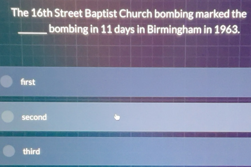Gelöst:The 16th Street Baptist Church bombing marked the _bombing in 11 ...