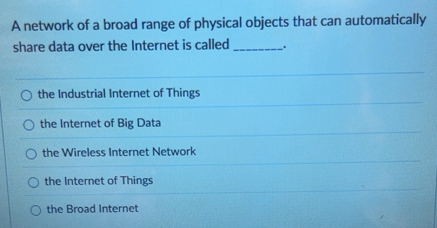 Solved: A network of a broad range of physical objects that can ...