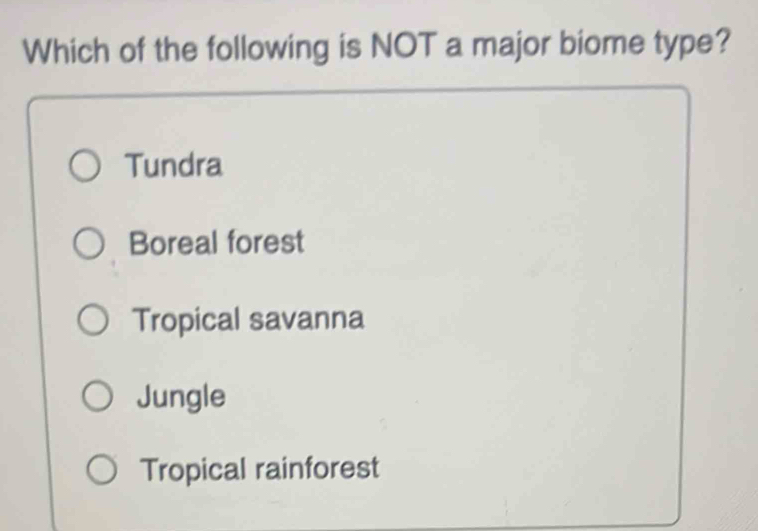 Solved: Which of the following is NOT a major biome type? Tundra Boreal ...