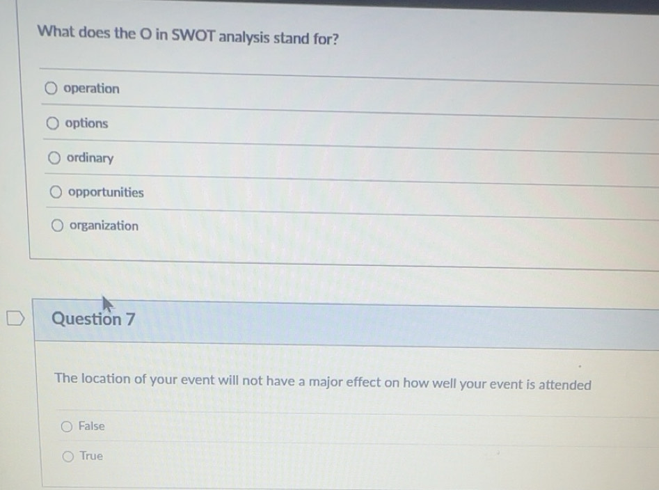 Solved: What does the O in SWOT analysis stand for? operation options ...