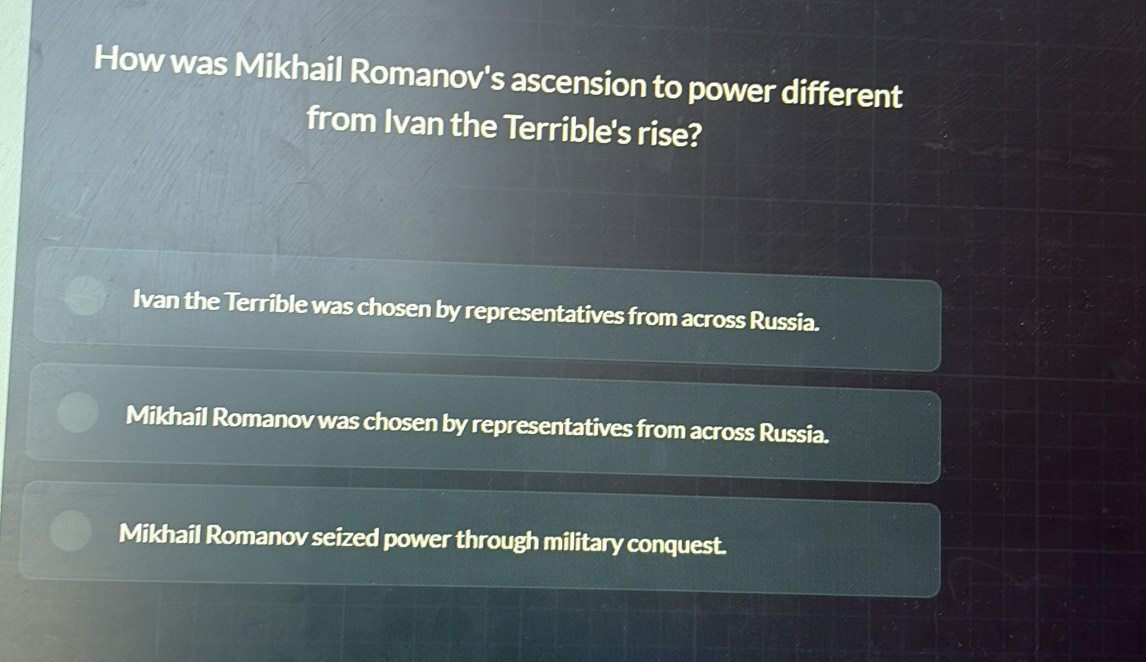 Resuelto:How was Mikhail Romanov's ascension to power different from Ivan the Terrible's rise? Ivan