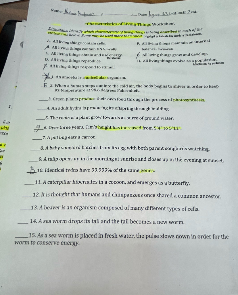 Solved: Name:_ Date:_ Block:_ *Characteristics of Living Things ...