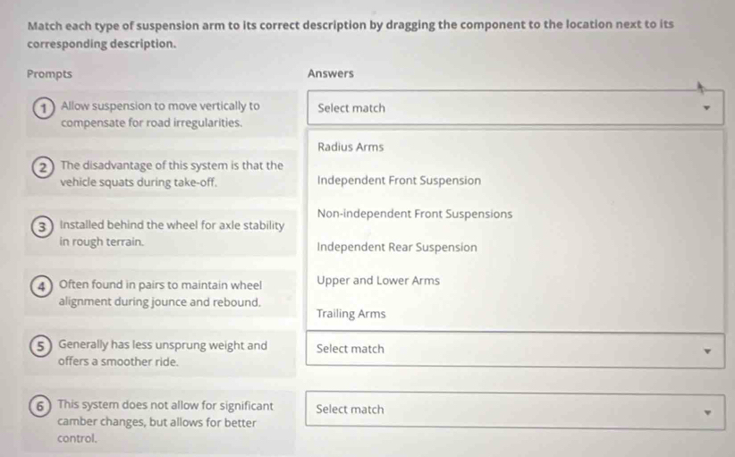 Solved: Match each type of suspension arm to its correct description by dragging the component ...