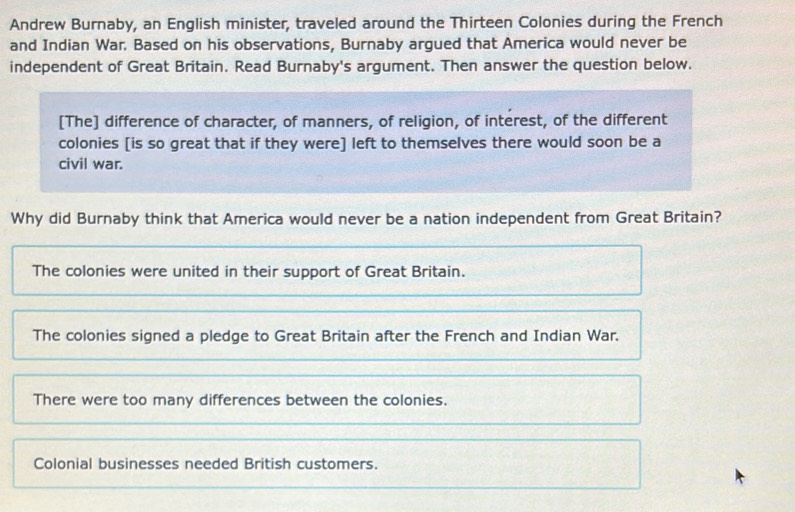 Solved: Andrew Burnaby, an English minister, traveled around the ...