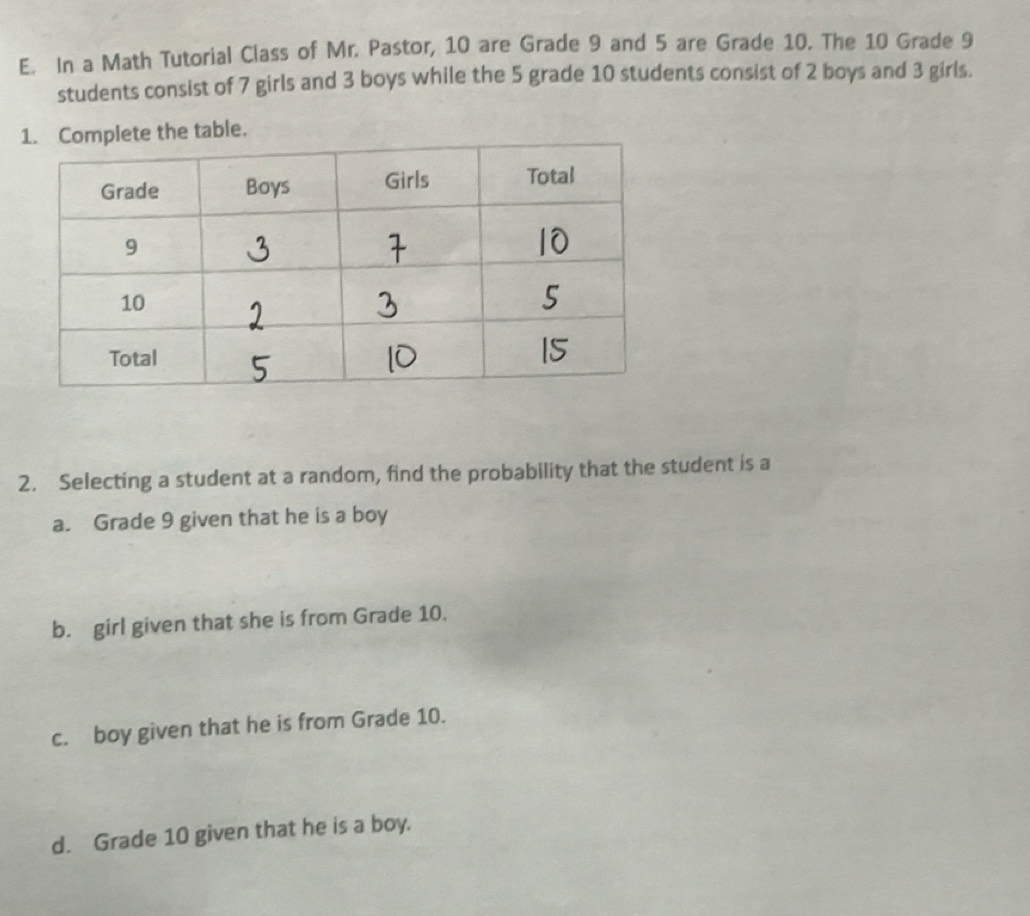 Solved: In a Math Tutorial Class of Mr. Pastor, 10 are Grade 9 and 5 ...