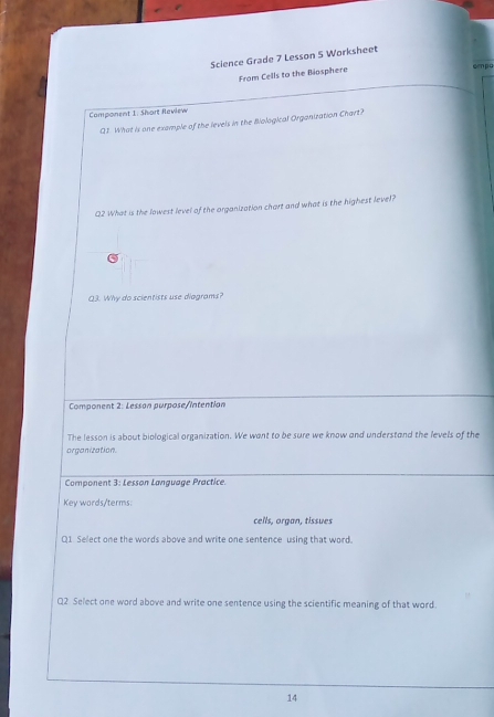 Solved: Science Grade 7 Lesson 5 Worksheet From Cells to the Biosphere ...