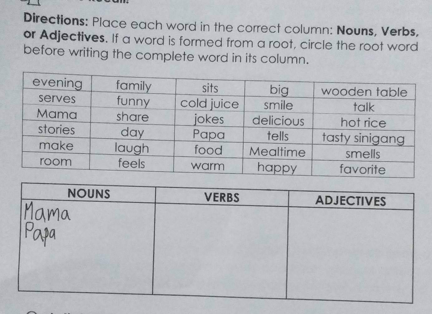 Solved: Directions: Place each word in the correct column: Nouns, Verbs ...