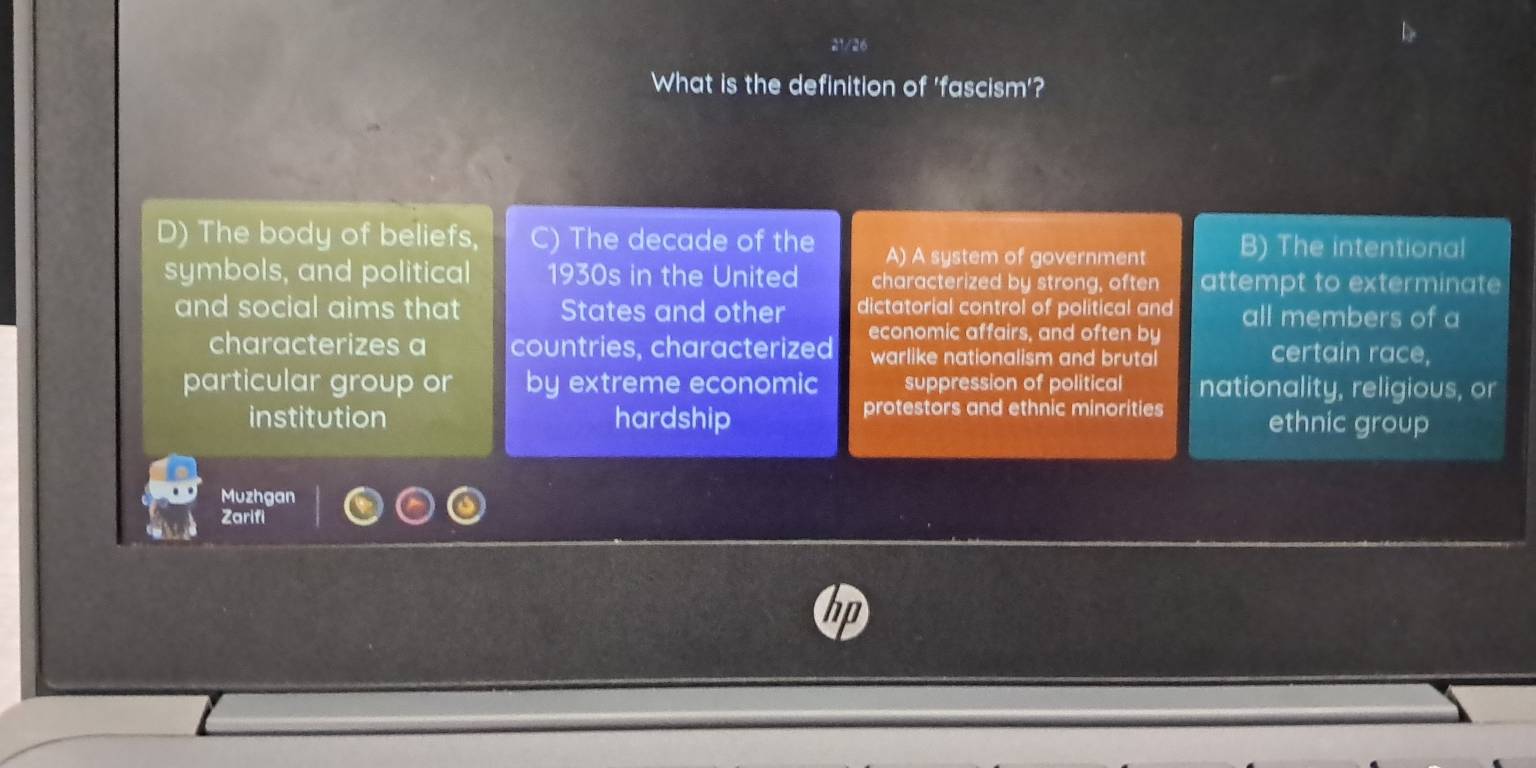 Solved: 21/26 What is the definition of 'fascism'? D) The body of ...