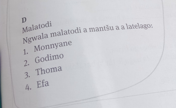 Solved: Malatodi Ngwala malatodi a mantšu a a latelago: 1. Monnyane 2 ...