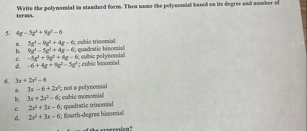Write the polynomial in standard form. Then name the polynomial based ...