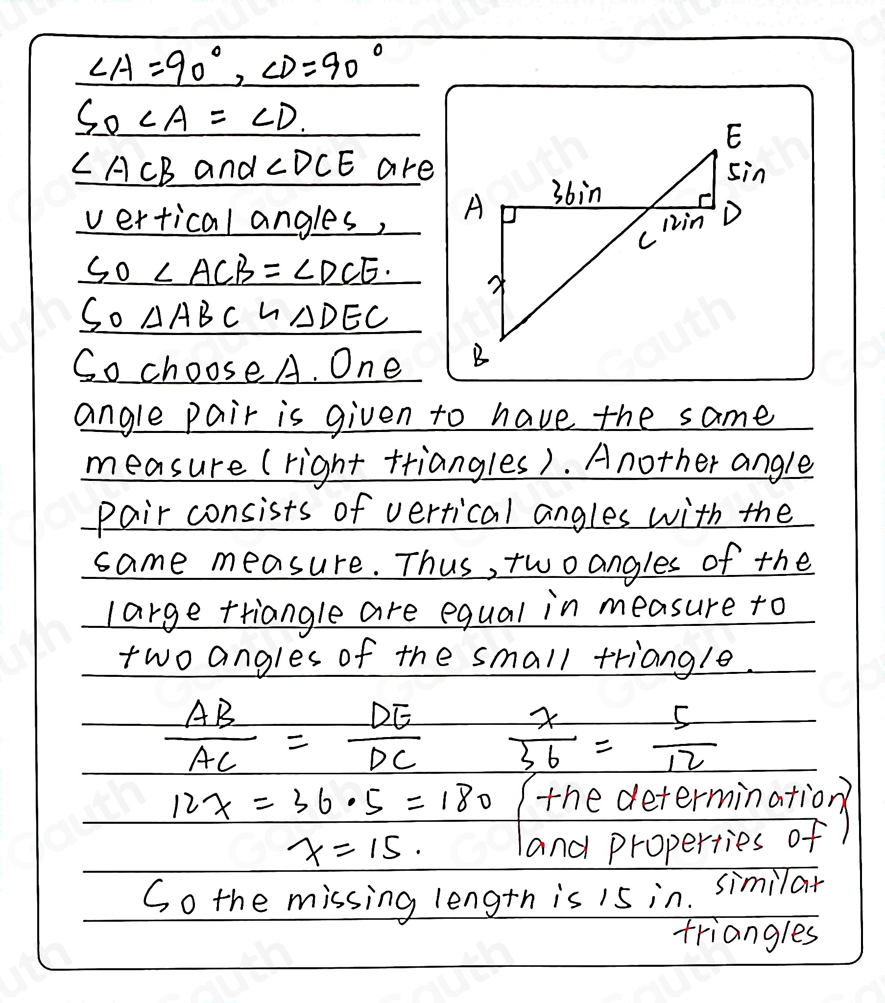Solved: possible Explain why the triangles are similar. Then find the missing length, x ...
