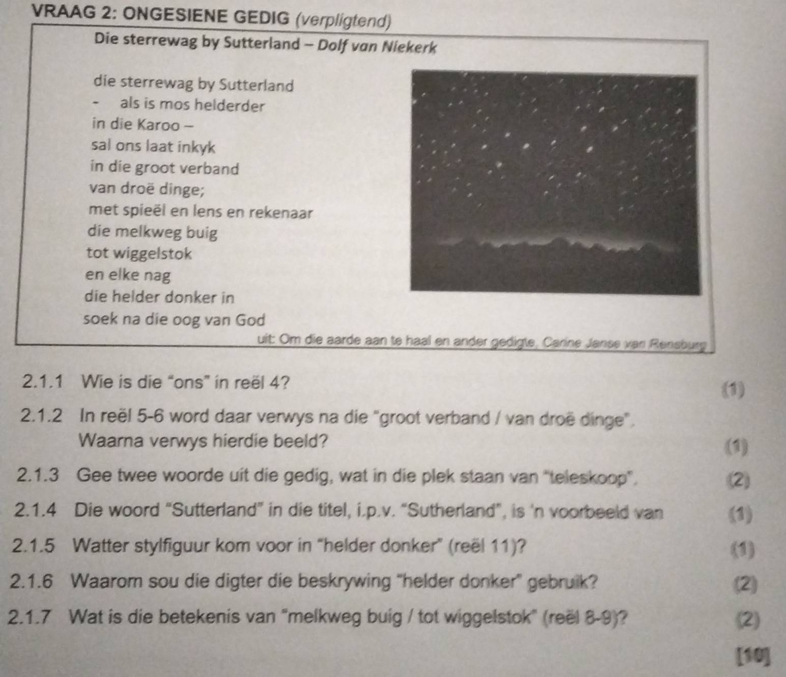 Solved: VRAAG 2: ONGESIENE GEDIG (verpligtend) Die sterrewag by ...