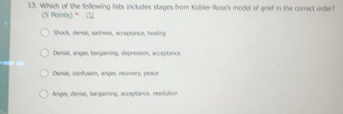 Solved: Which of the following lists includes stages from Kübler-Ross's ...