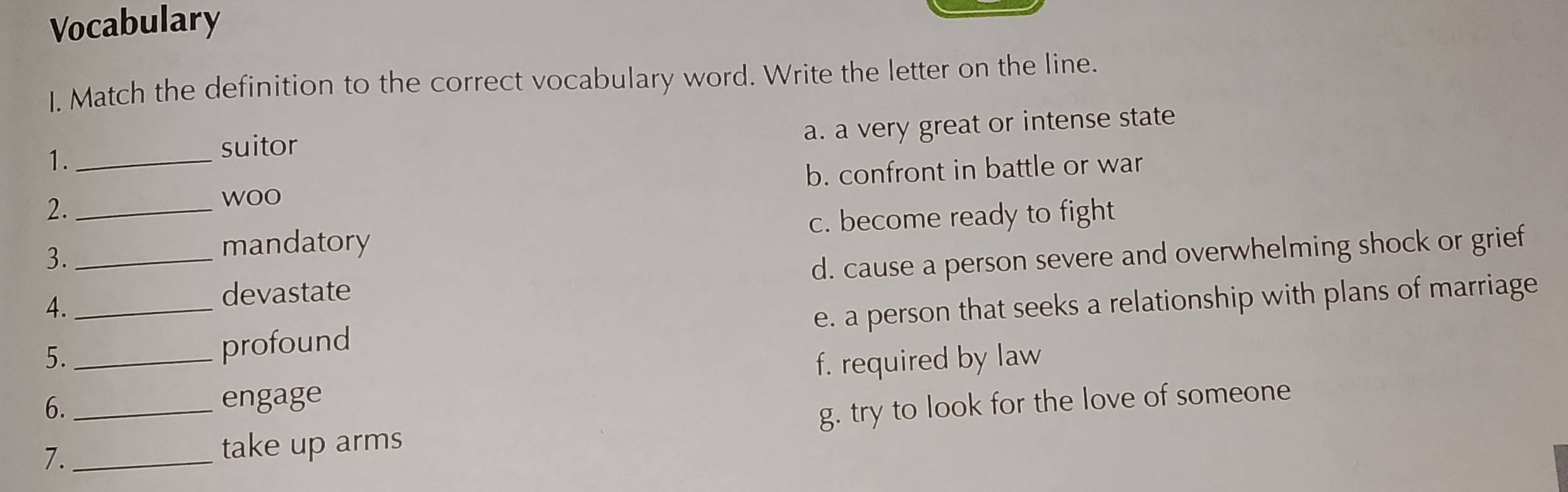 Resuelto:Vocabulary I. Match the definition to the correct vocabulary ...