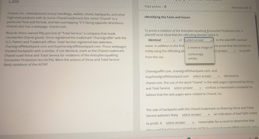 Solved: Law Attempts left: 2 Total points: --/5 Chanel, Inc ...