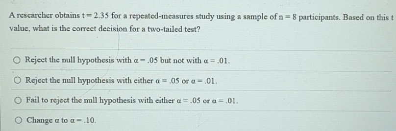 Solved: A researcher obtains t=2.35 for a repeated-measures study using ...