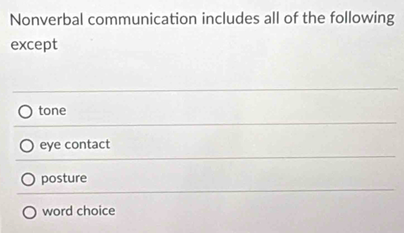 Solved: Nonverbal communication includes all of the following except tone eye contact posture ...