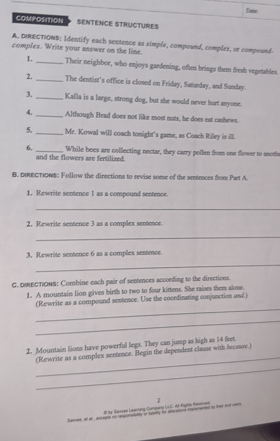 Solved: Date: COMPOSITION SENTENCE STRUCTURES A. DIRECTIONS: Identify ...