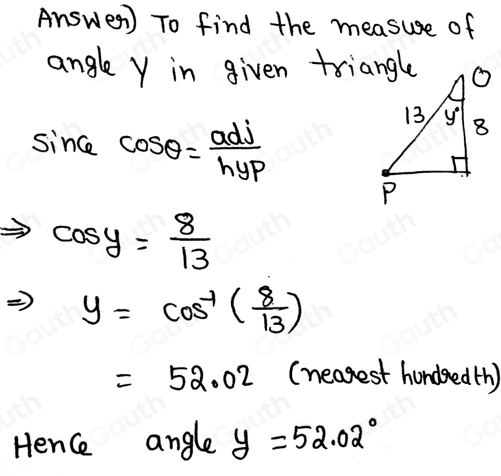 Solved: Find the measure of angle y. Round your answer to the nearest ...
