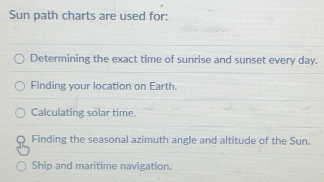 Solved: Sun path charts are used for: Determining the exact time of ...
