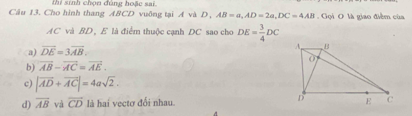 Giải quyết:thi sinh chọn đúng hoặc sai. Câu 13. Cho hình thang ABCD ...