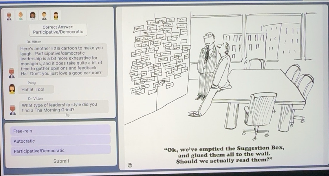 Solved: Correct Answer: Participative/Democratic Dr. Vitton Here's ...