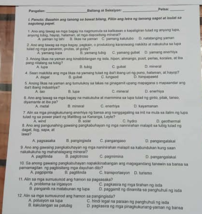 Solved: Pangalan:_ Baitang at Seksiyon:_ Petsa:_ l. Panuto: Basahin ang tanong sa bawat bilang ...