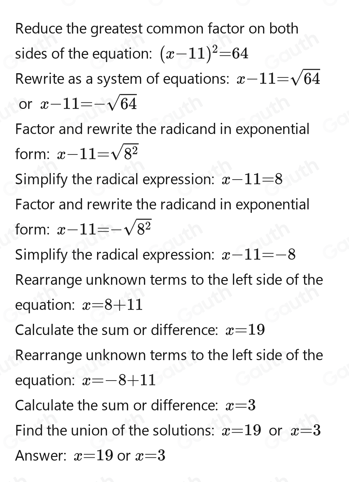 Solved: Solve 2(x-11)^2=128 A) x=-3 x=19 B) x=3± sqrt(11) : x=2± sqrt ...