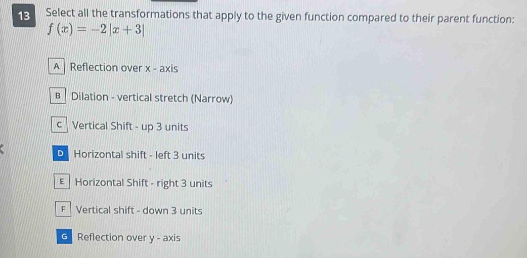 Solved: Select all the transformations that apply to the given function ...