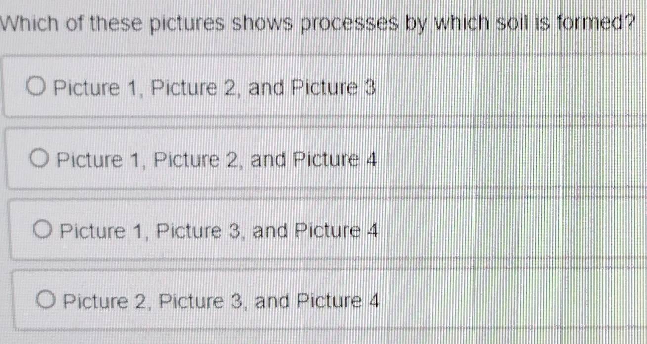 Solved: Which of these pictures shows processes by which soil is formed ...