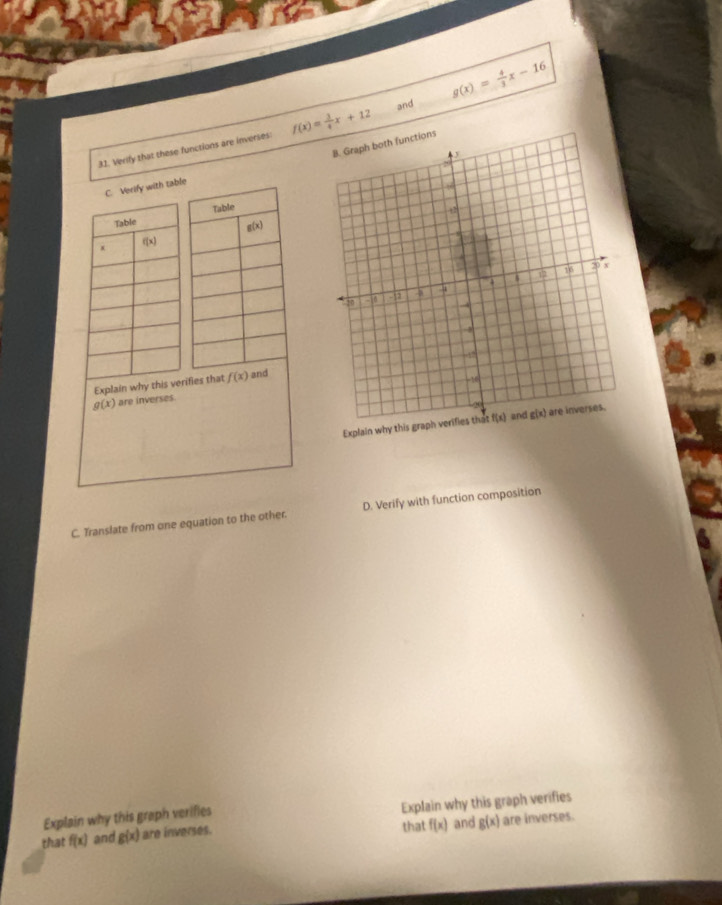 Solved: Verify that these functions are inverses: f(x)= 3/4 x+12 and g ...