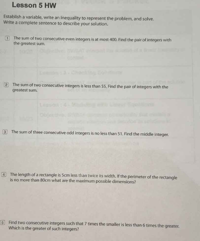Solved: Lesson 5 HW Establish a variable, write an inequality to ...