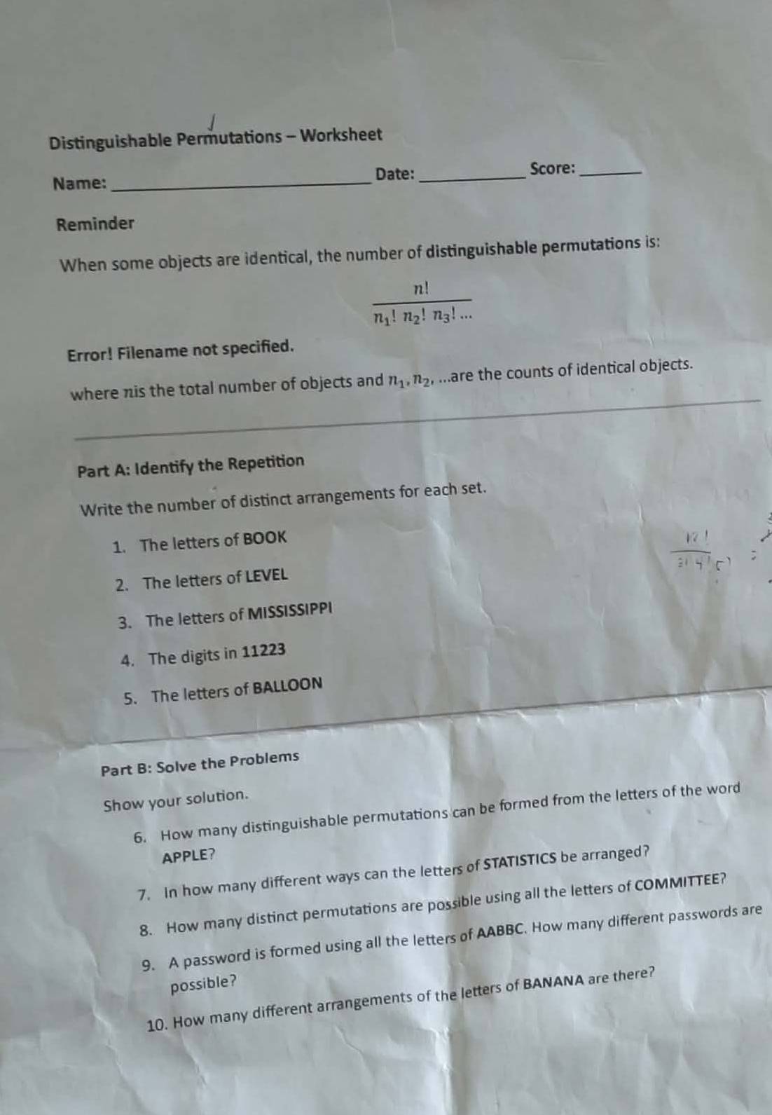 Solved: Distinguishable Permutations - Worksheet Name:_ Date: _Score ...