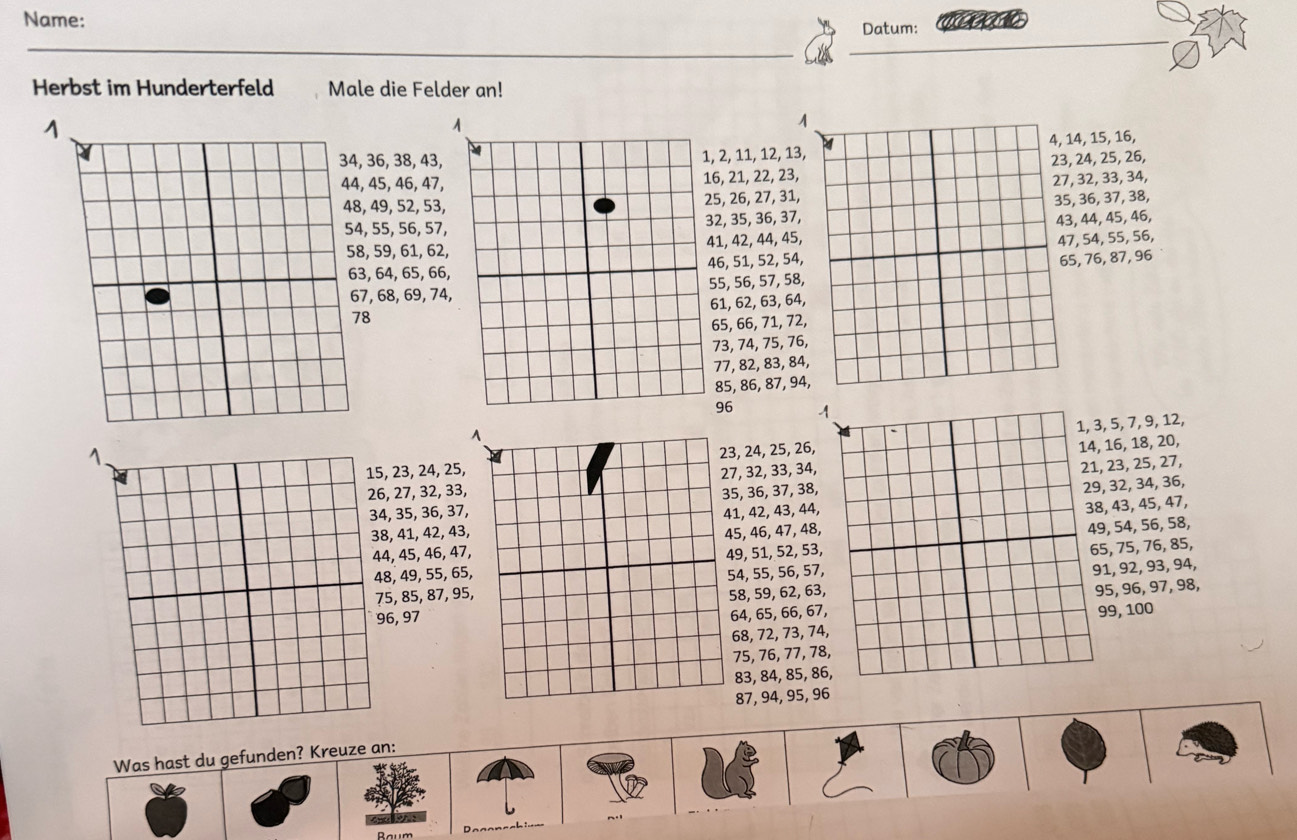 Gelöst:Name: Datum: Herbst im Hunderterfeld Male die Felder an! A 36 ...