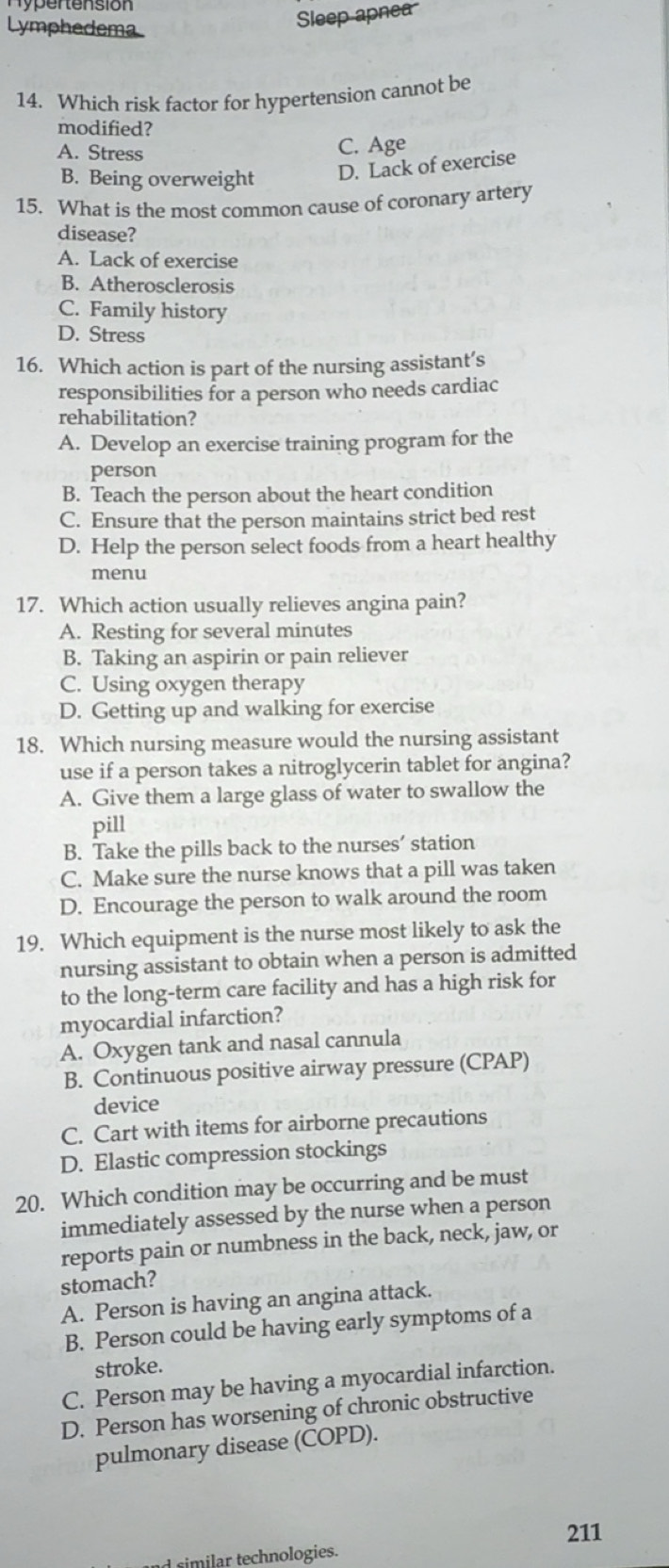 Solved: Lymphedema Sleep apnea 14. Which risk factor for hypertension ...