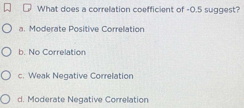 Solved: What does a correlation coefficient of -0.5 suggest? a ...
