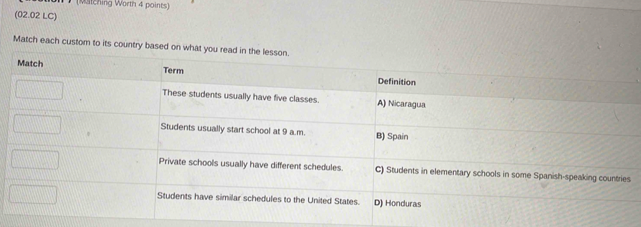 Solved: (Matching Worth 4 points) (02.02 LC) Match each custom to its country based on what you ...